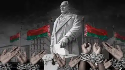 Illustration of authoritarian rule in Belarus showing a statue casting a vote, surrounded by Belarusian flags and citizens in chains, symbolising lack of electoral freedom and political oppression.