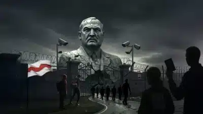 Illustration showing political repression in Belarus: protesters approach a prison guarded by barbed wire and surveillance cameras, with a broken statue of a dictator looming above the gates, symbolizing state control in 2025.